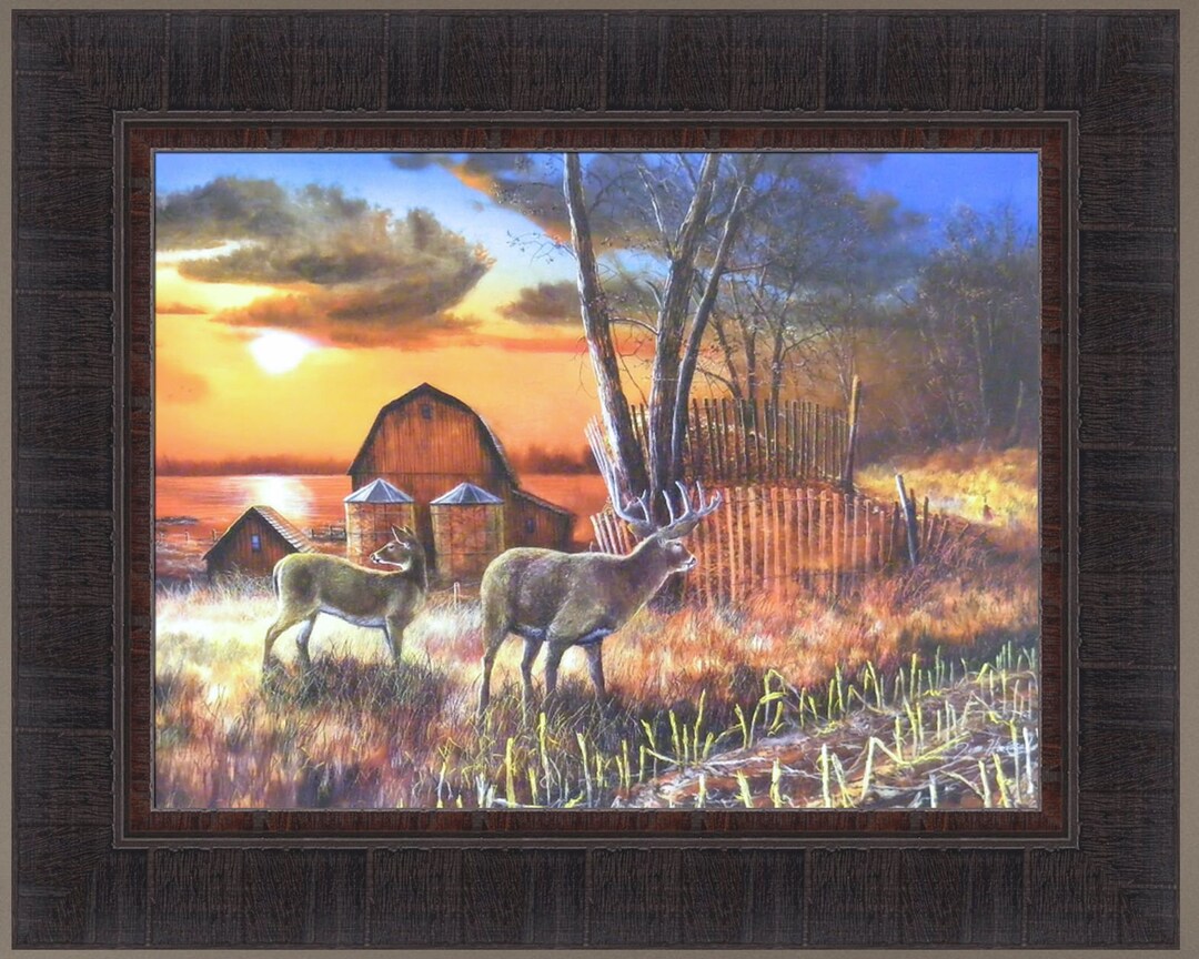 Sharing the Bounty II by Jim Hansel 17x21 Deer Doe Buck Farm Red Barn ...