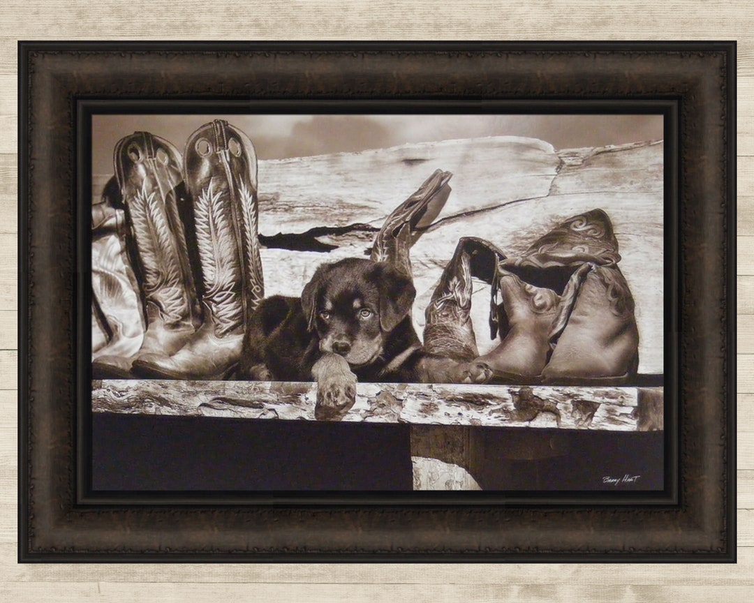 Big Foot by Barry Hart 16x22 B&W Photo Western Cowboy Boots Dog Puppy ...