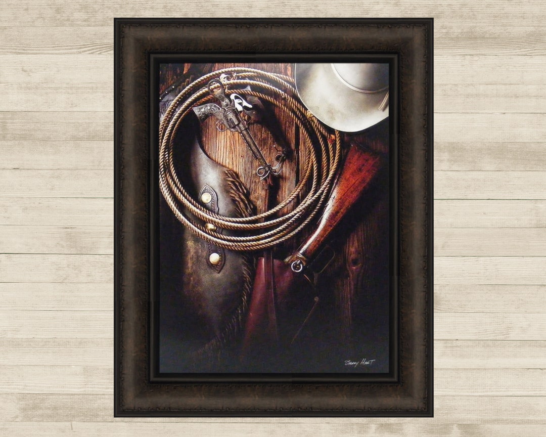 Pistol Bit and Rifle by Barry Hart 16x20 Cowboy Hat Western Rope ...