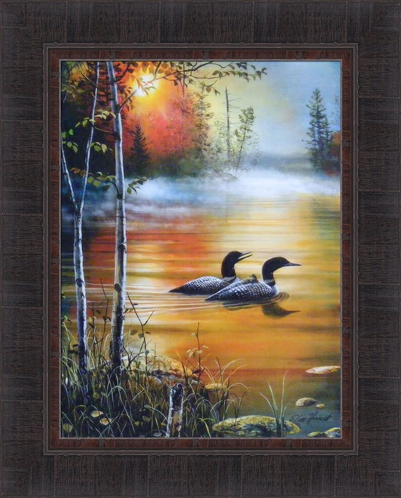 Family Outing by Jim Hansel 17x21 Lake Loons Sunset Sunrise Framed Art ...