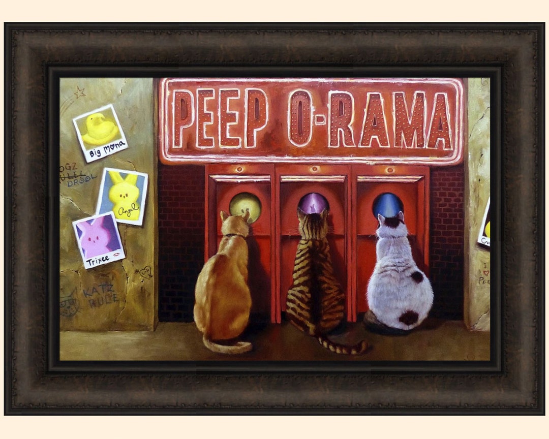 Peepshow by Lucia Heffernan 16x22 Cats Watching Peep O-rama Peeps Bunny ...