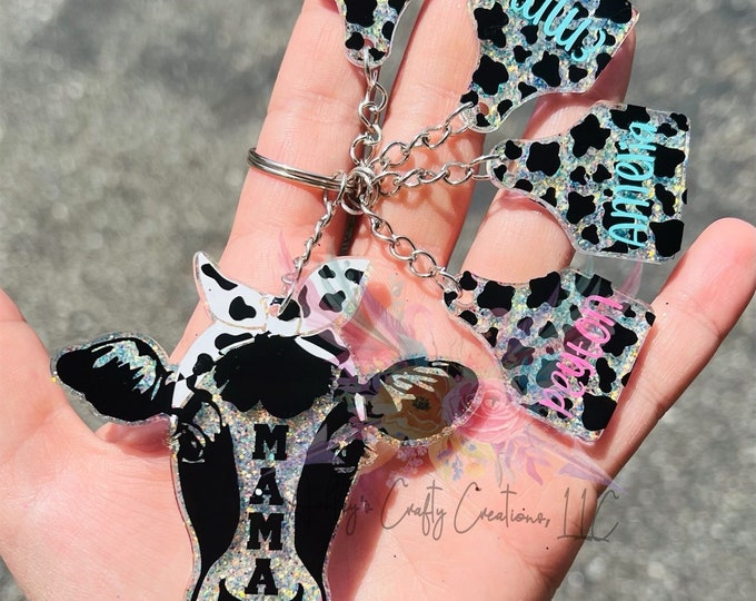 ORIGINAL DESIGN Cow Mama With Kid Names Keychain Set Mama and Mini ...