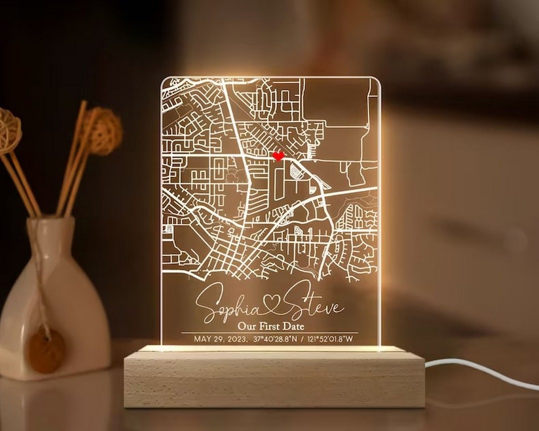 Personalized Map Our First Date Led Light, Couple Map Acrylic Plaque ...