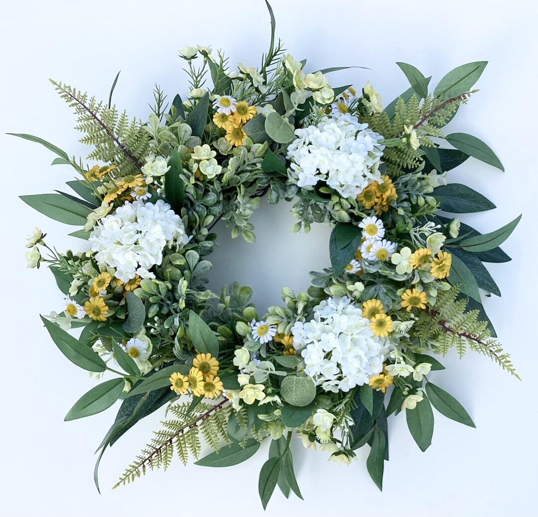 Spring Greenery Wreath for Front Door With Yellow and White Flowers ...