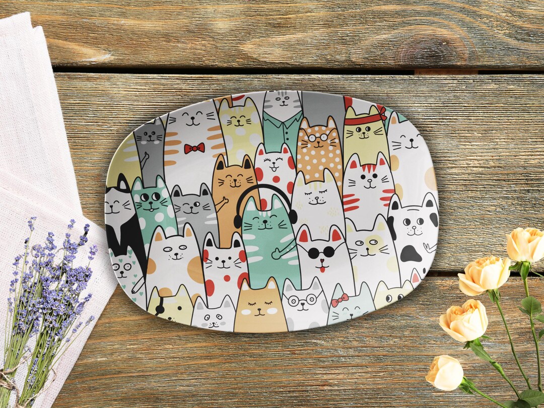 Colorful Cat Serving Platter, Whimsical Kitty Crowd Plate, Cute Cat ...