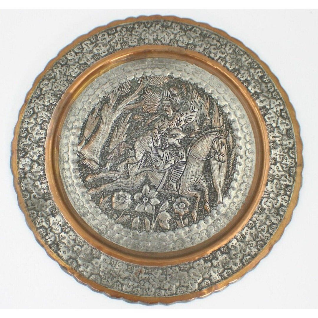 Silver Tone/copper Persian Hand Embossed Tooled Engraved Hunting Scene ...