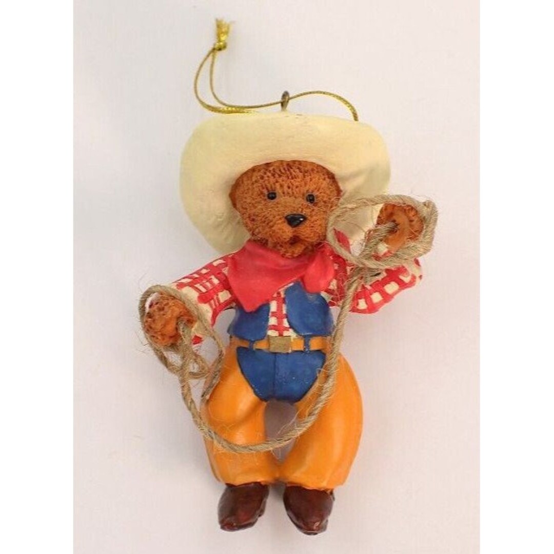 Cowboy Teddy Bears With Lasso Rope & Hat Holiday Tree Ornament Vintage ...