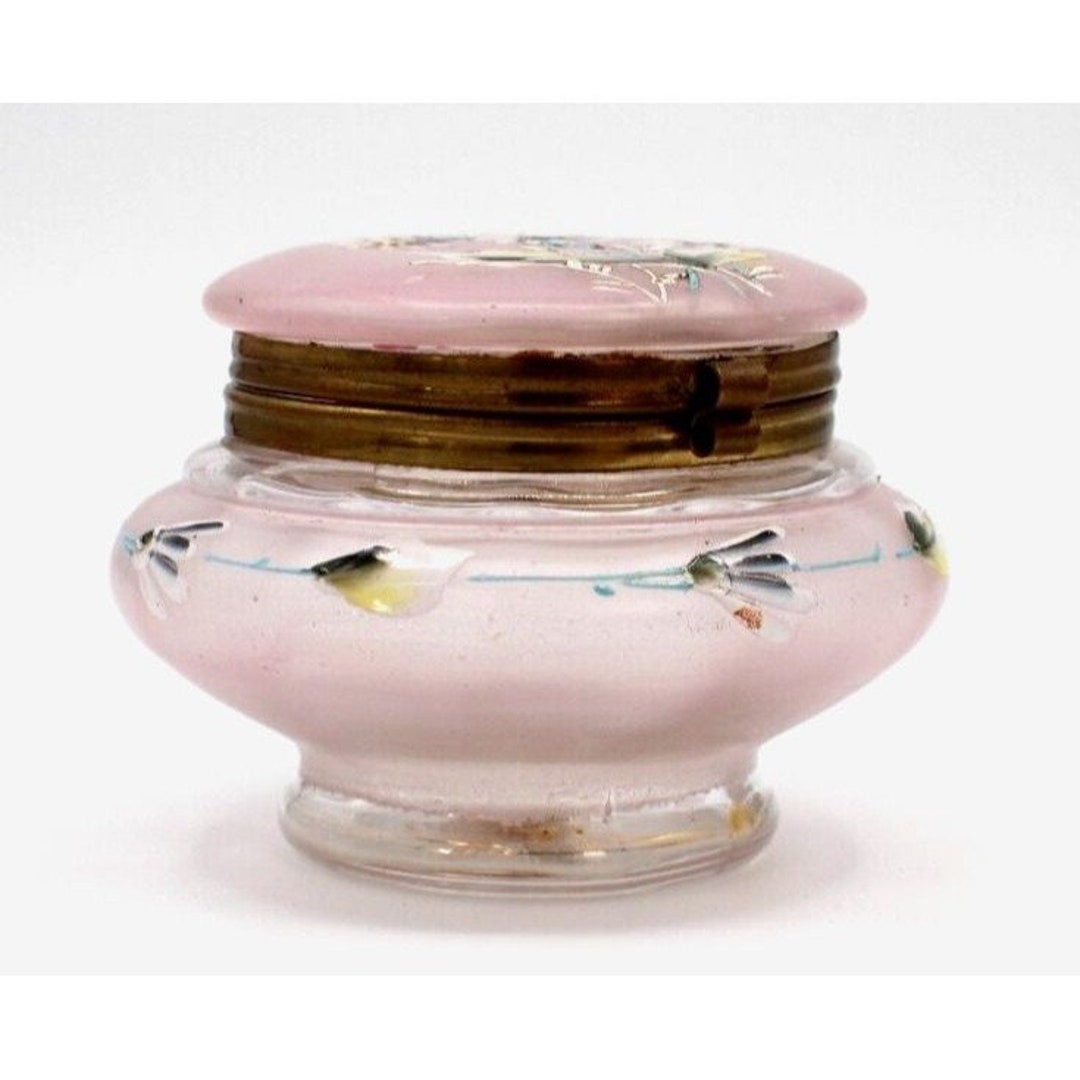 Bohemian Moser Satin Glass Pale Pink Hand Painted Enamel Powder Jar ...
