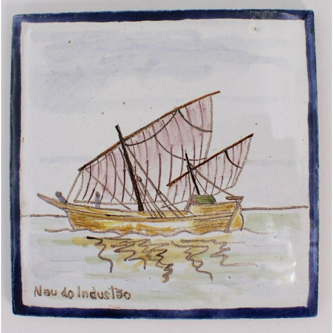 Blue and White Portuguese Tile Depicting A Drawing of a Ship of ...