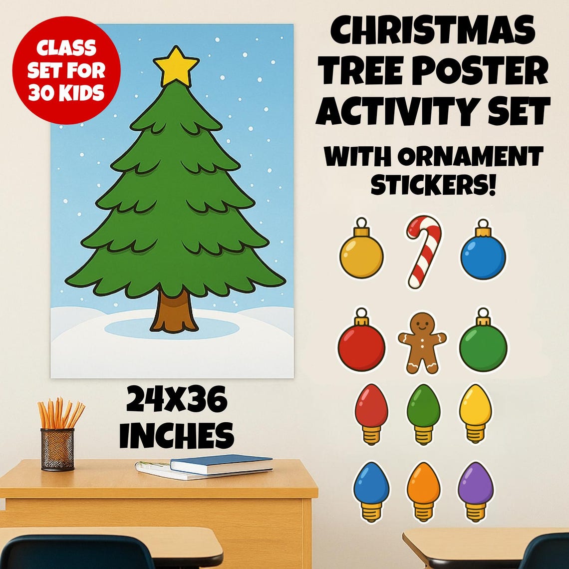 Christmas Tree Classroom Poster Activity Set | Ornament Stickers, 24x36 ...