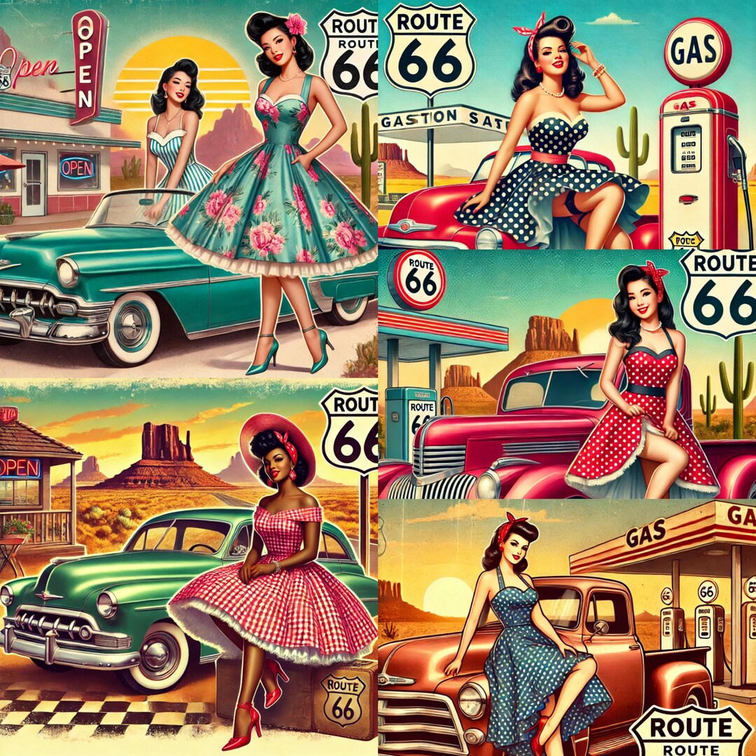 Route 66 Vintage Pinup Clipart Collection Retro Americana Digital ...