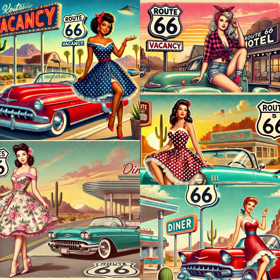 Route 66 Vintage Pinup Clipart Collection Retro Americana Digital ...