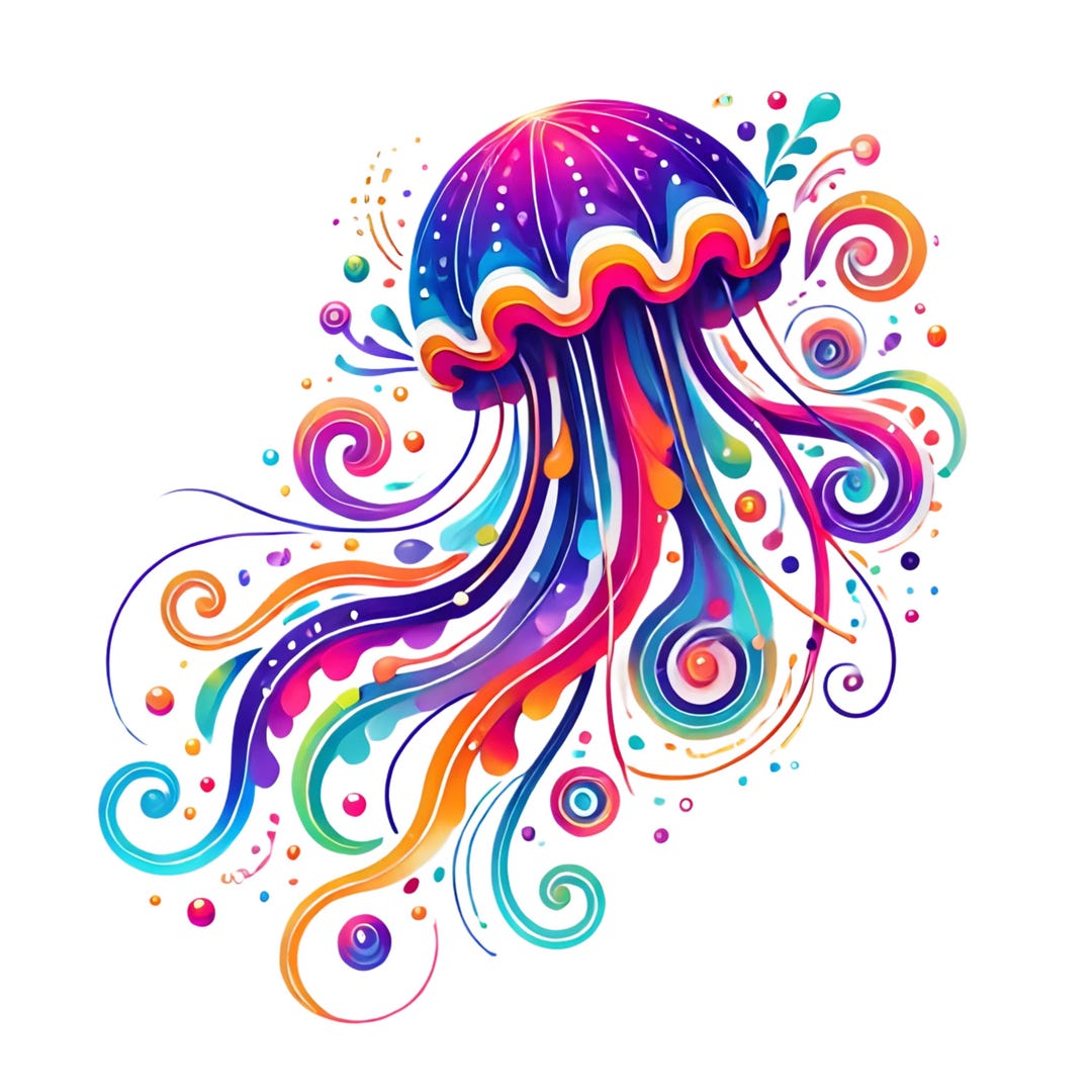Rainbow Jellyfish Clipart | Vibrant Ocean-themed Digital Art | Bubbly ...
