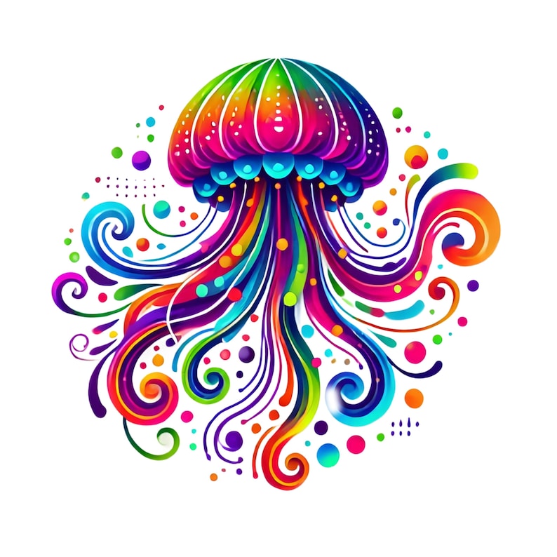Neon Rainbow Jellyfish Clipart Vibrant Ocean-themed Digital Art Bubbly ...