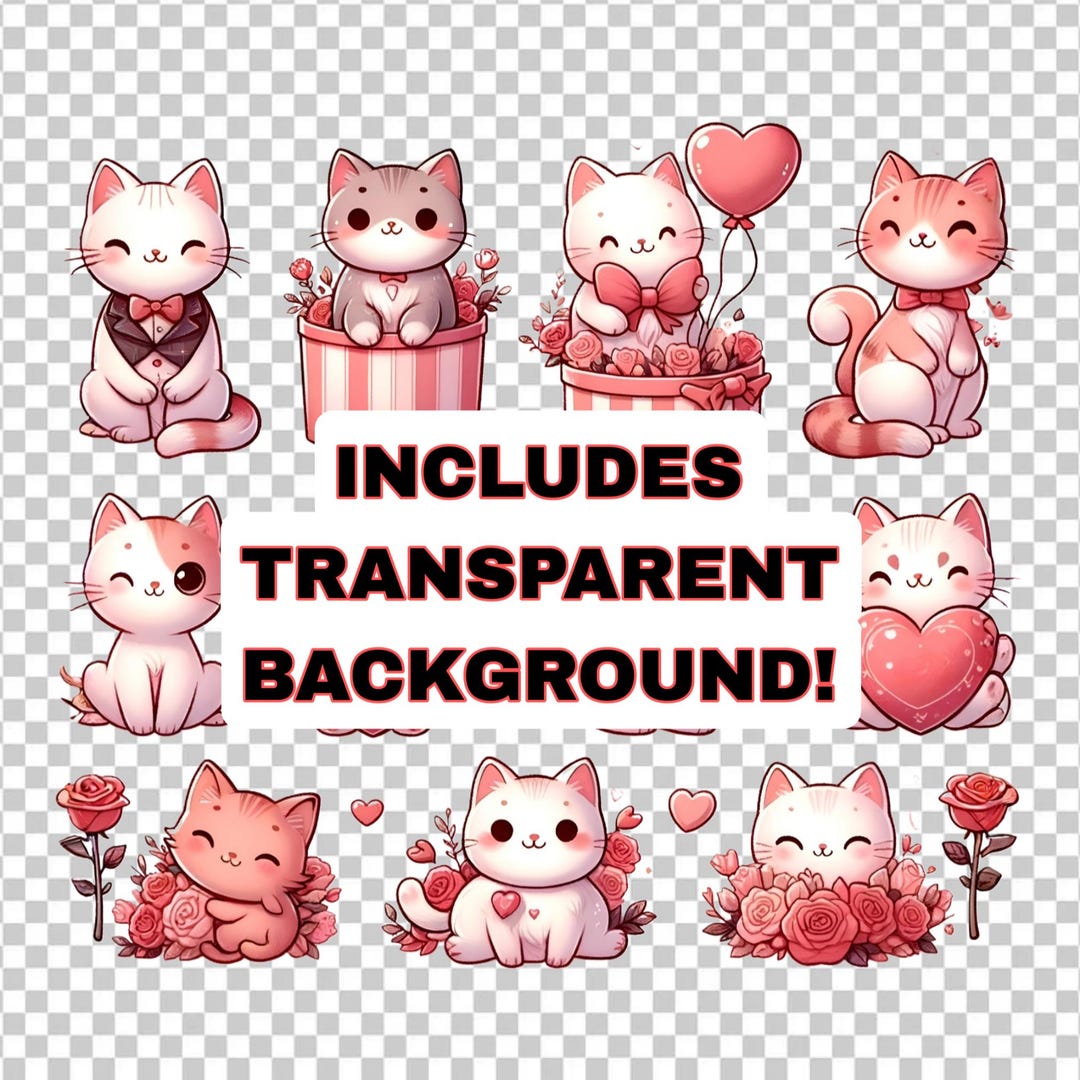 Cute Valentine’s Cat Printable Clipart | Adorable Kitten Illustrations ...