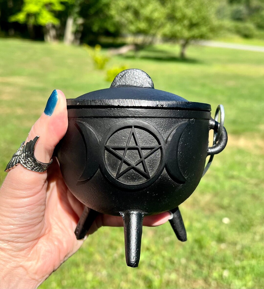 4.5" Triple Moon Pentacle Cast Iron Witch’s Cauldron; Witch's Pot; Charcoal Burner Kit; Incense ...