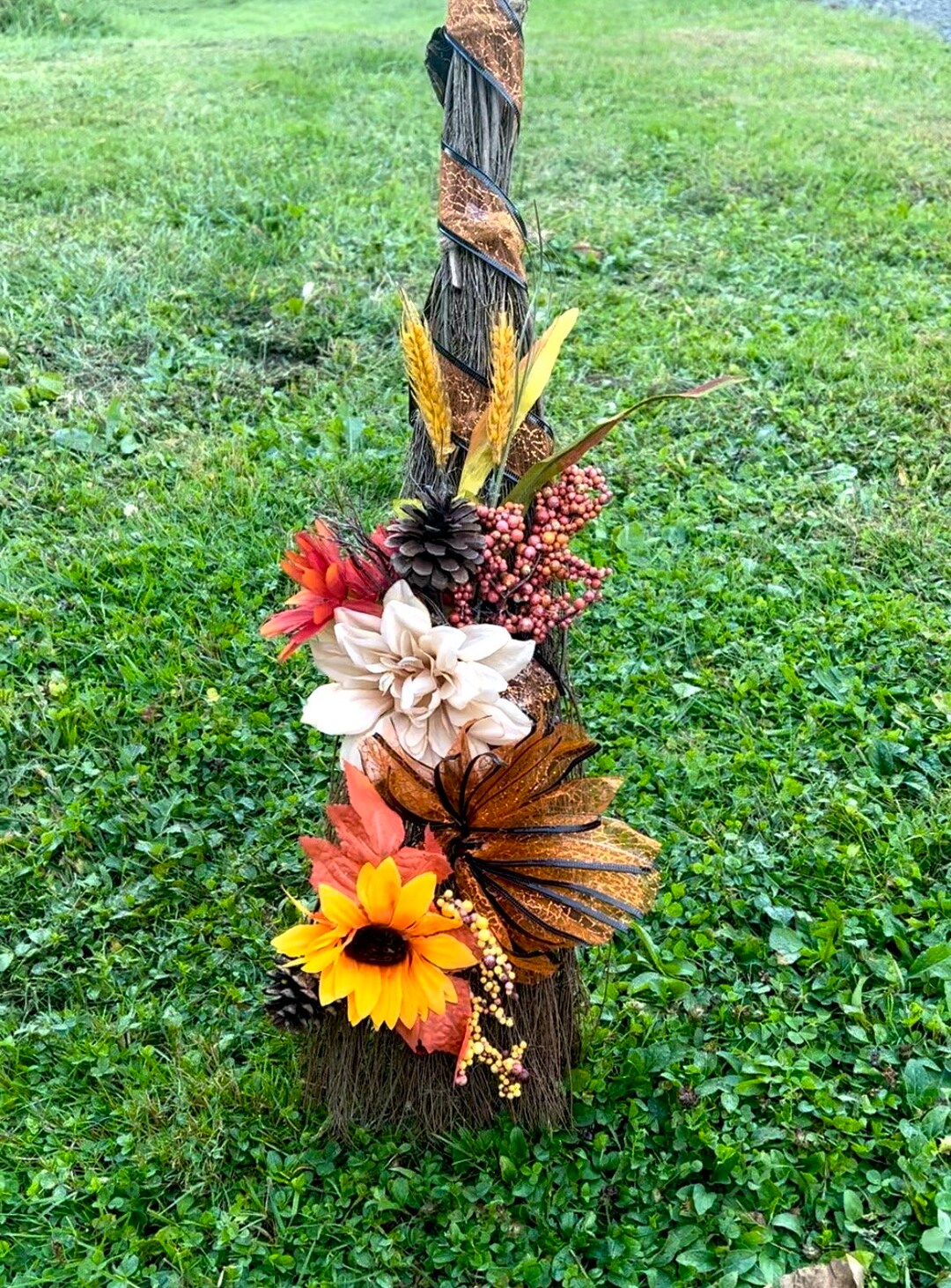 Autumn Floral Decorative Broom; Fall Halloween Besom; Artificial ...