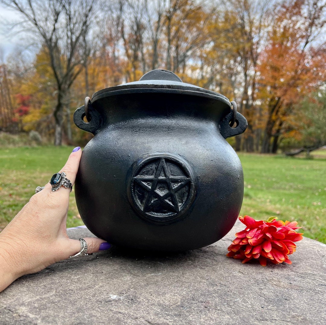 9.5” Pentacle Potbelly Flat Bottom Cast Iron Witch's Cauldron; Charcoal ...
