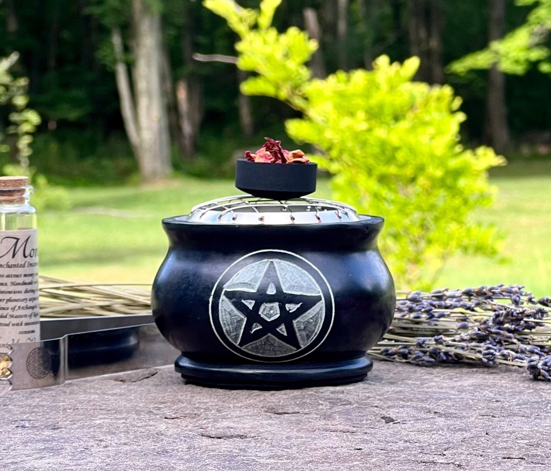 Pentacle Potbelly Soapstone Charcoal Burner & Smudge Pot; Black Incense ...