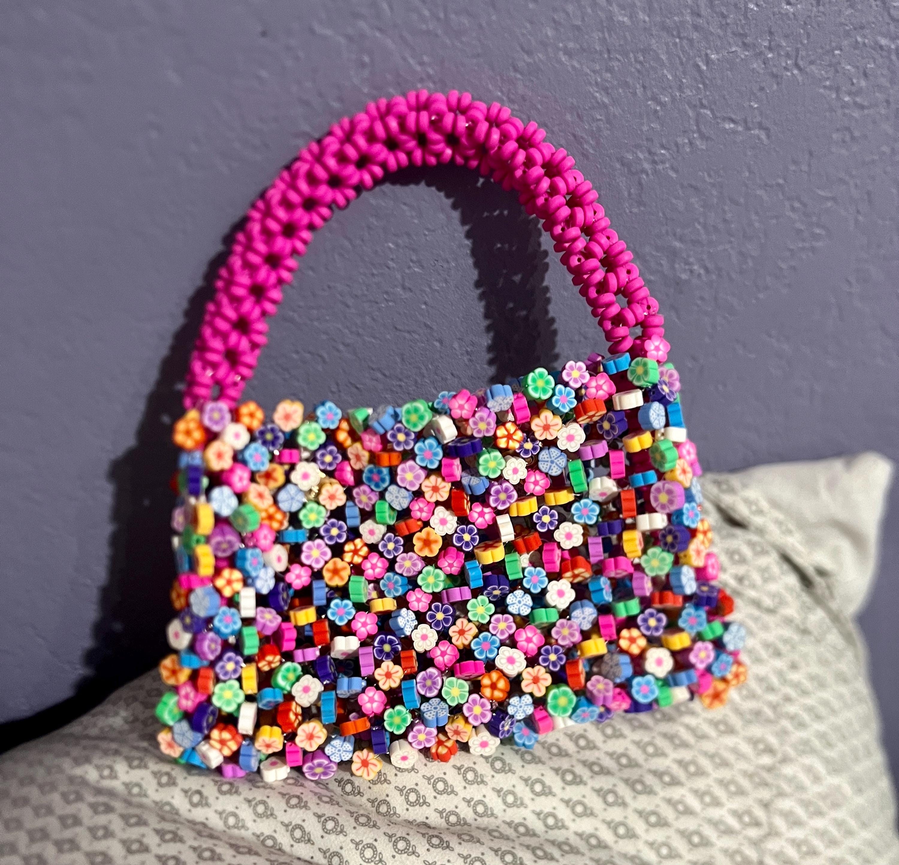 Handmade Beaded Purse, Flower Polymer Clay Bead Purse, Colorful Flower ...
