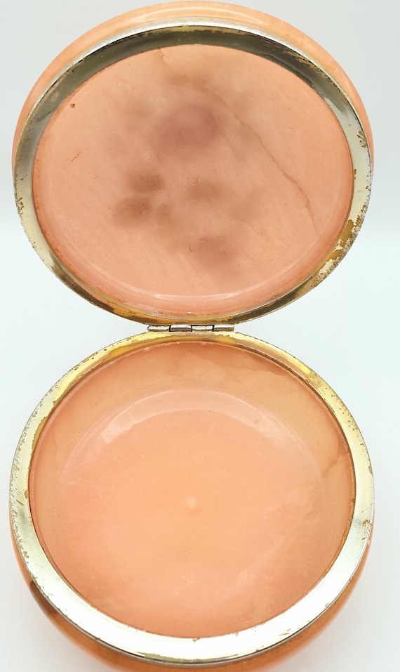 Vintage Italian Alabaster Powder Jar: Peach Floral Tr… - Gem
