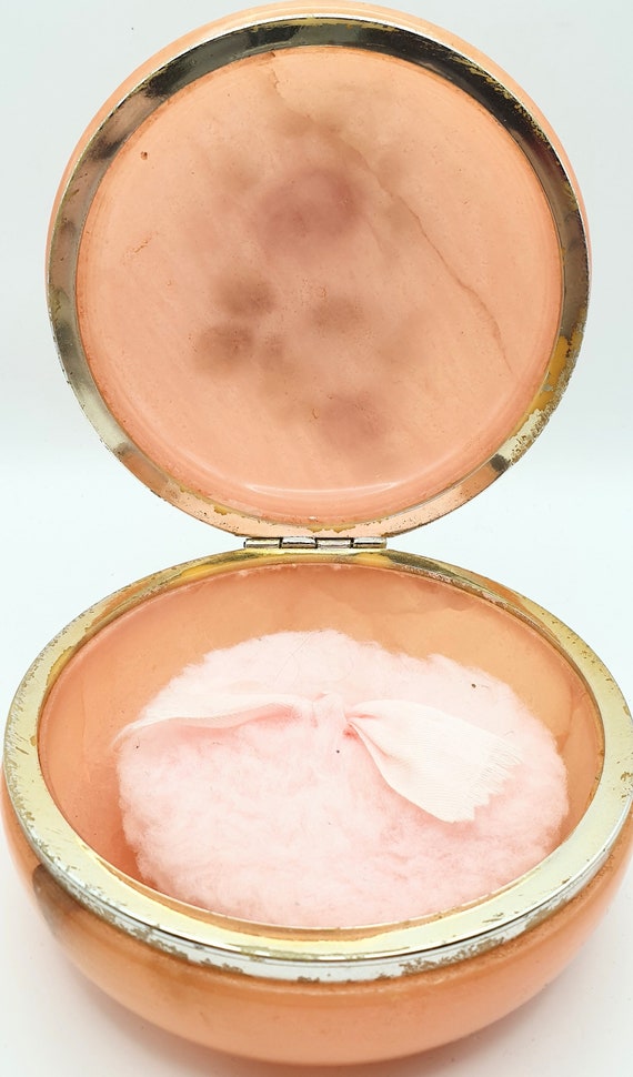 Vintage Italian Alabaster Powder Jar: Peach Floral Tr… - Gem