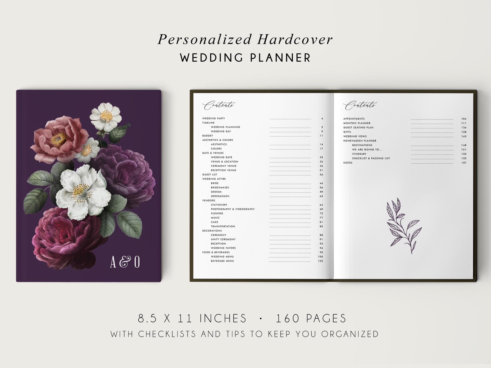Personalized Wedding Planner, Dark Purple Floral, Elegant Botanical ...