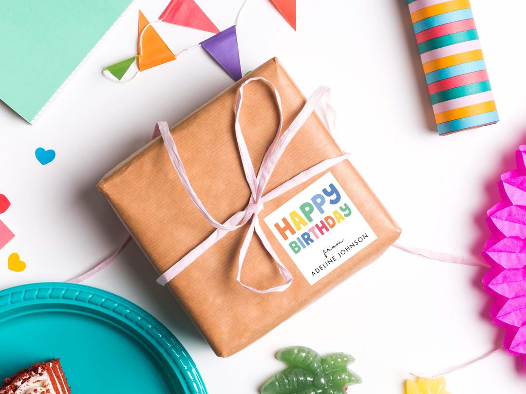 Colorful Birthday Gift Stickers | Personalized Rainbow Paper Labels for ...