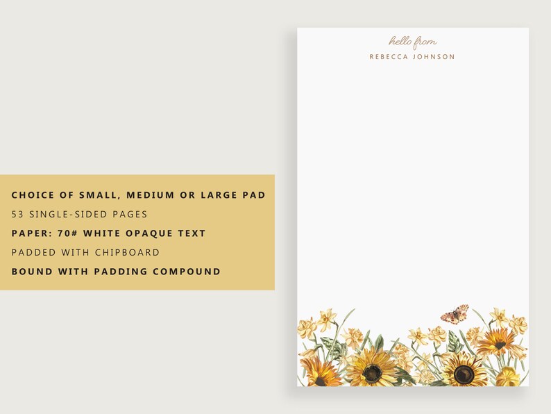 Personalized Sunflower Notepad Custom, Sunflower Note Pad, Lined ...