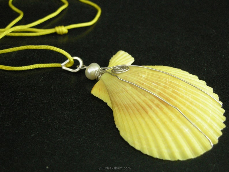Scallop Silver Shell Necklace, Yellow Seashell With Pearl Pendant Cord ...