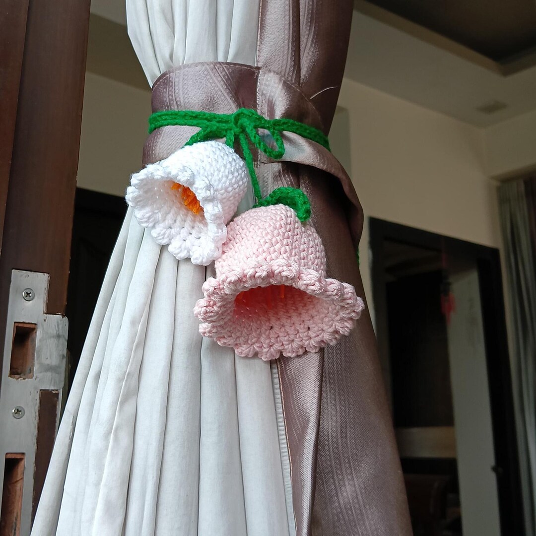 Crochet Bell Flower Curtain Tie – Handmade Floral Tieback With Pink ...