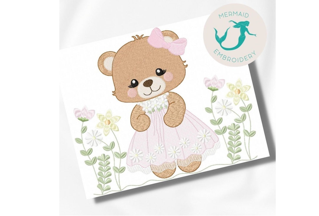 Bear Dress Flowers Embroidery Designs Girl Embroidery Design Machine ...