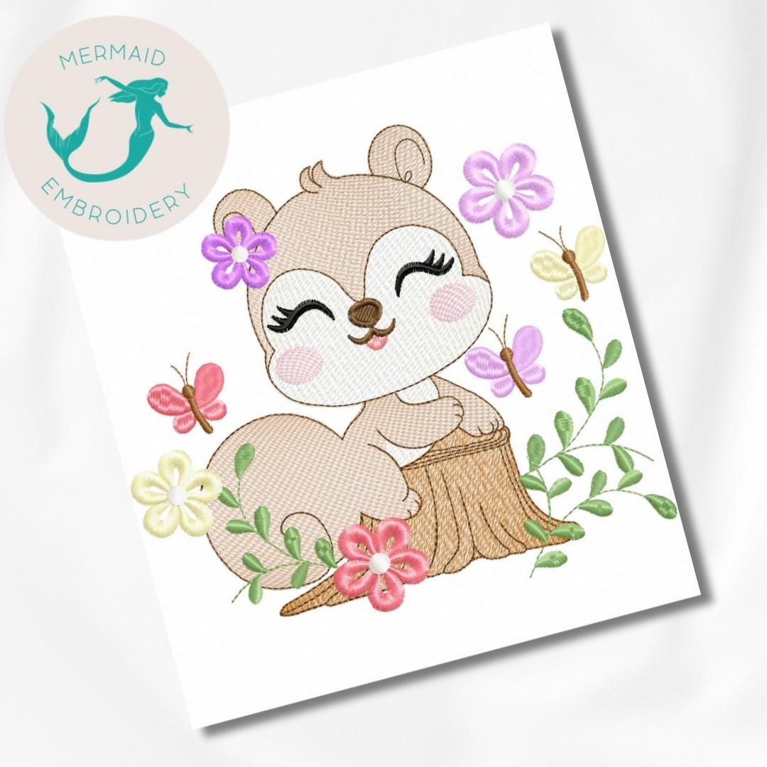 Squirrel Girl Flowers Embroidery Design Girls Embroidery Design Machine ...