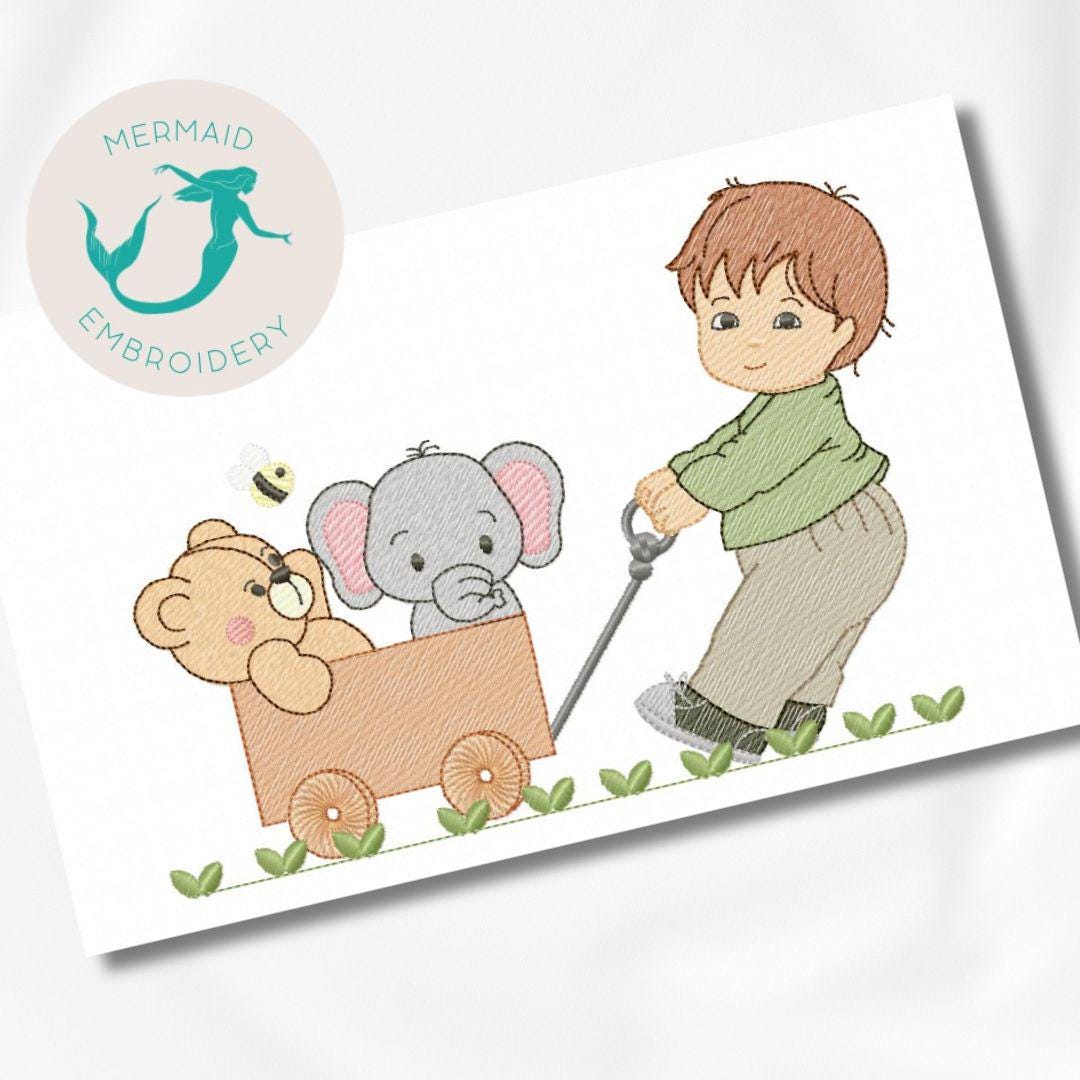 Boy and Animals Embroidery Design, Boy Embroidery Design Machine, Baby ...