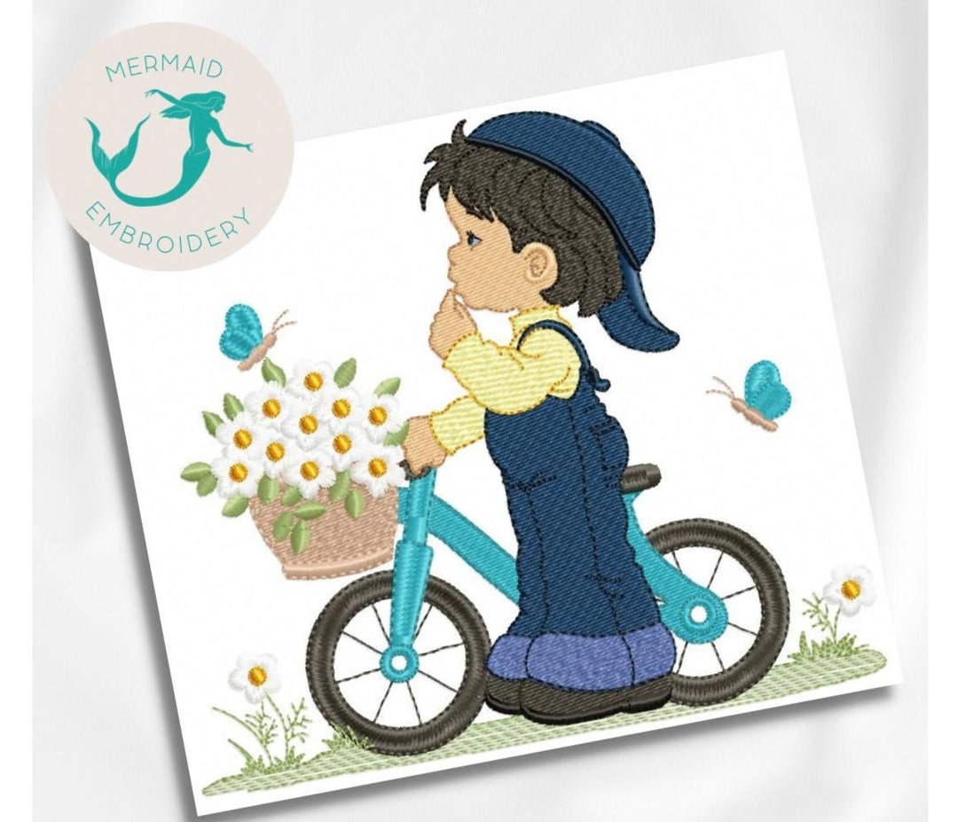 Boy With Bike Embroidery Design, Boy Embroidery Design Machine, Baby ...