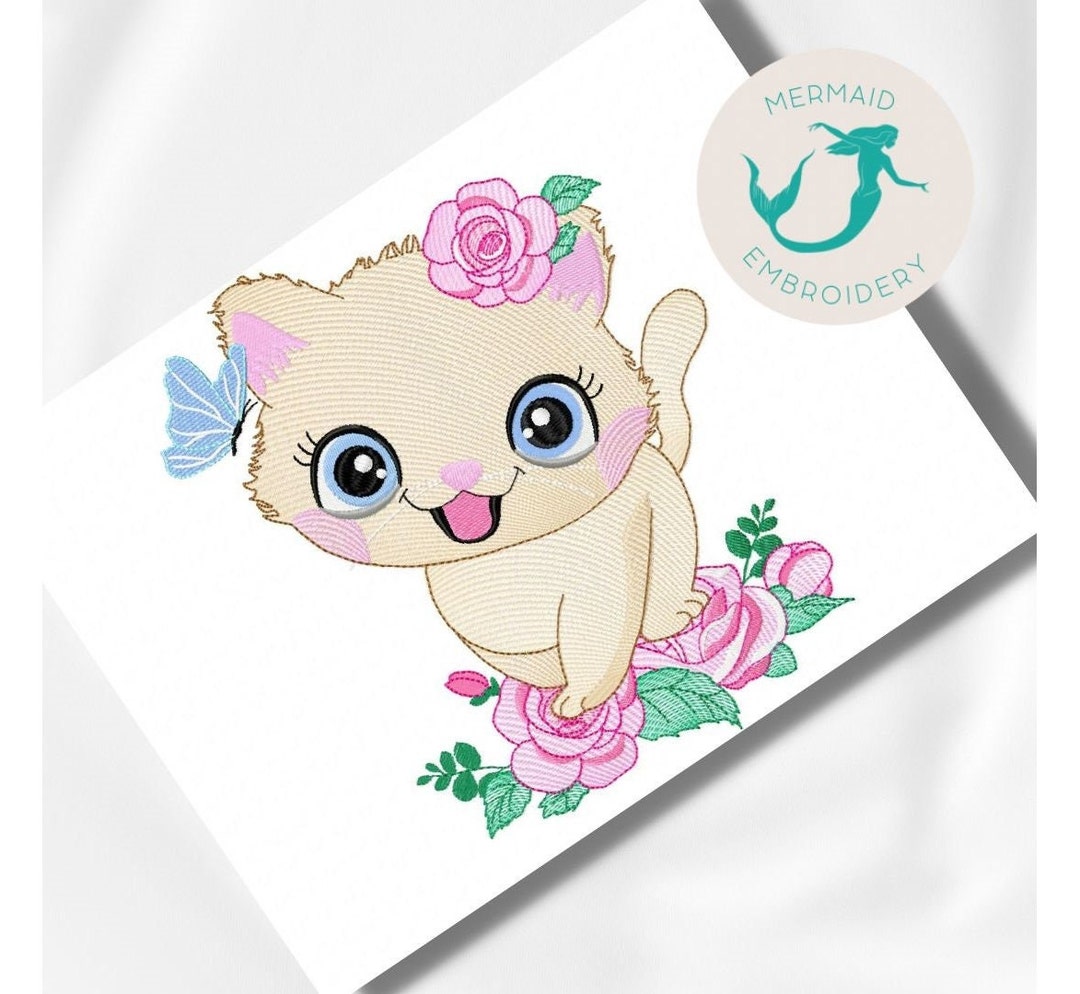 Cat Flowers Embroidery Design, Girls Embroidery Design Machine, Dolls ...
