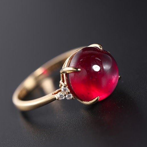 Lab Grown Ruby Cabochon Classic Ring 9K Gold Round Cabochon Ruby ...
