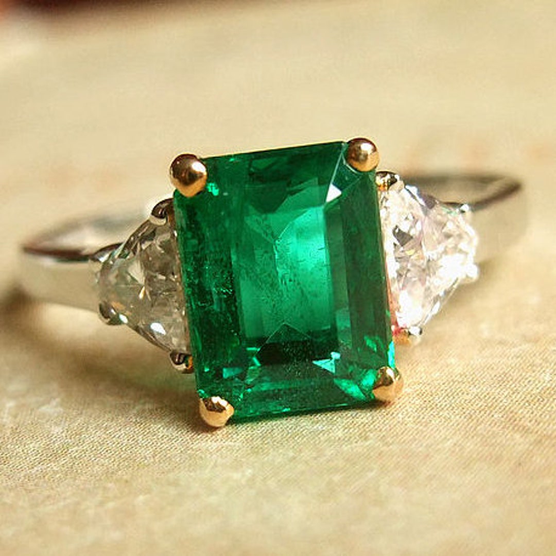 Vintage Emerald Wedding Ring Emerald Cut Trilogy Engagement Ring Two ...