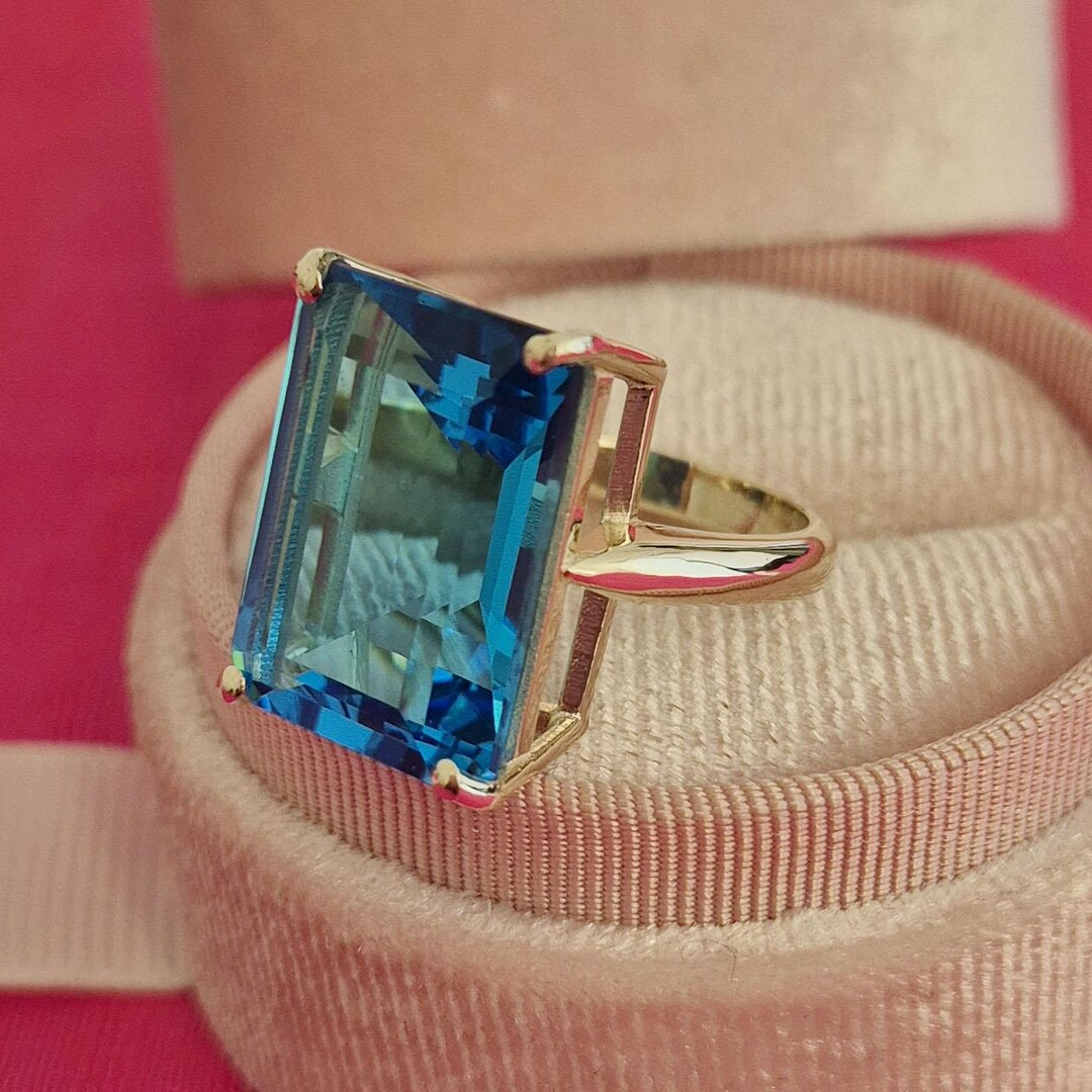 Swiss Blue Topaz Emerald Cut Cocktail Ring, Rose Plated Silver Women ...