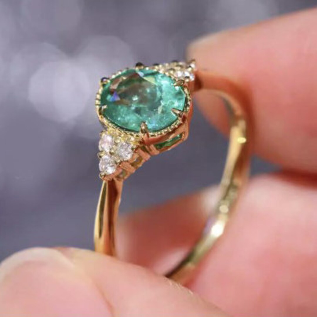 Columbian Emerald, Diamond Vintage Engagement Ring 14K Art Deco Emerald ...