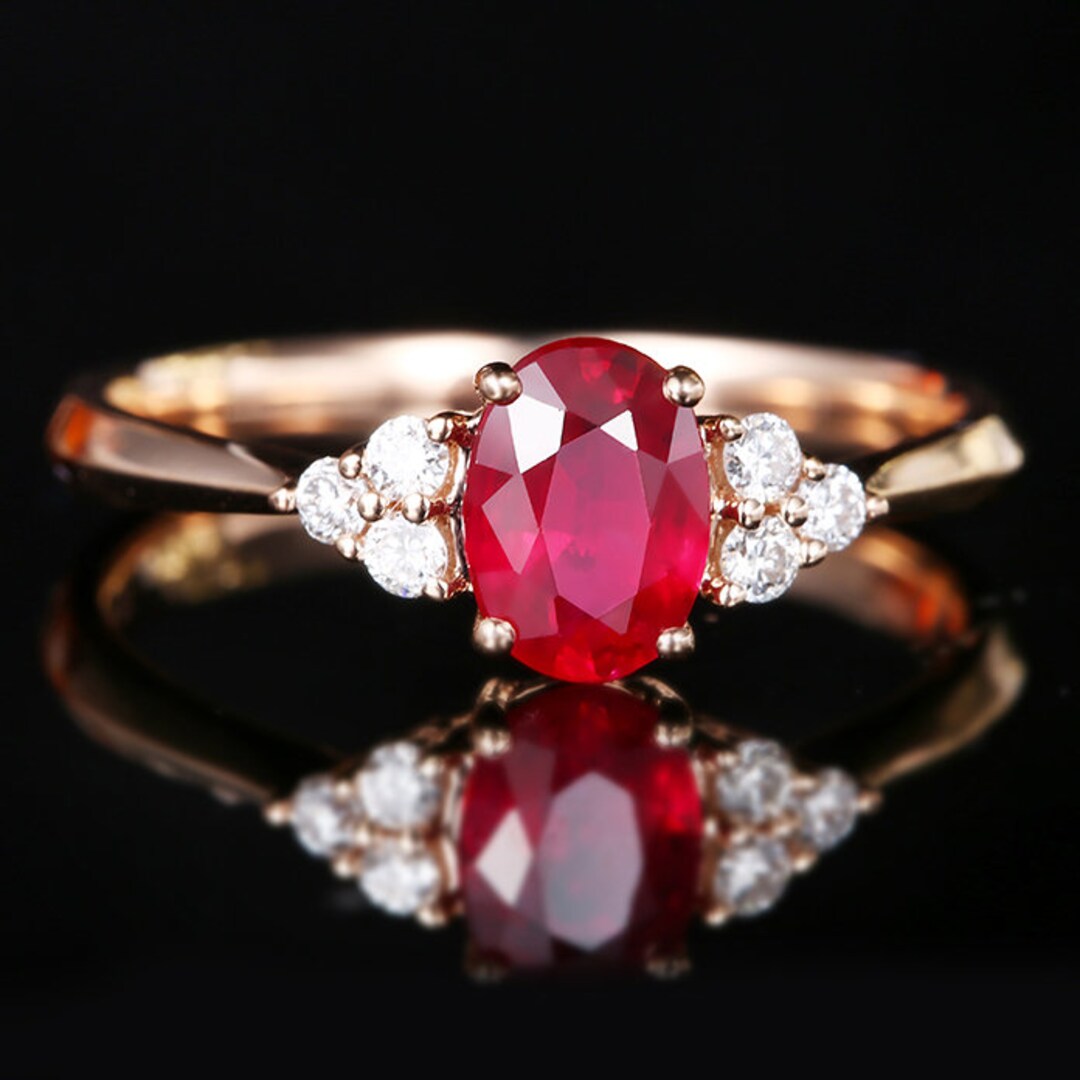 Lab Grown Ruby, Moissanite Classic Engagement Ring 14K Gold Oval Ruby ...