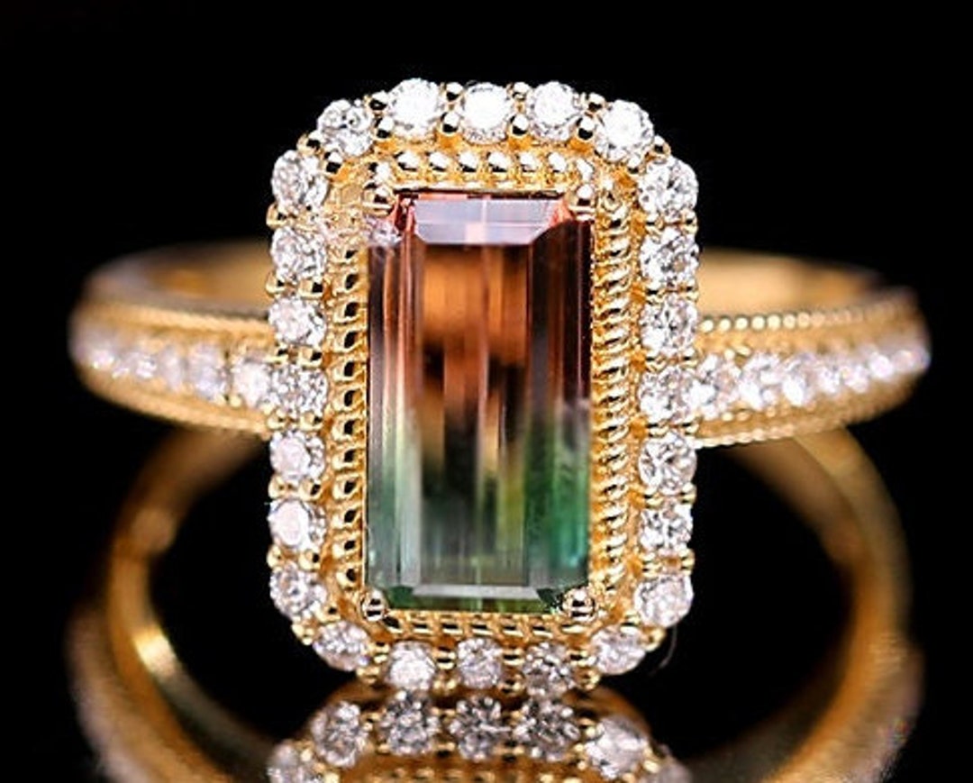 Watermelon Quartz Engagement Ring Rinbow Rectangle Quartz Wedding Ring ...