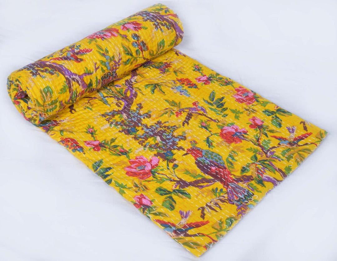 Handmade Indian Cotton Kantha Quilt: Floral Bird Print Bedspread King ...