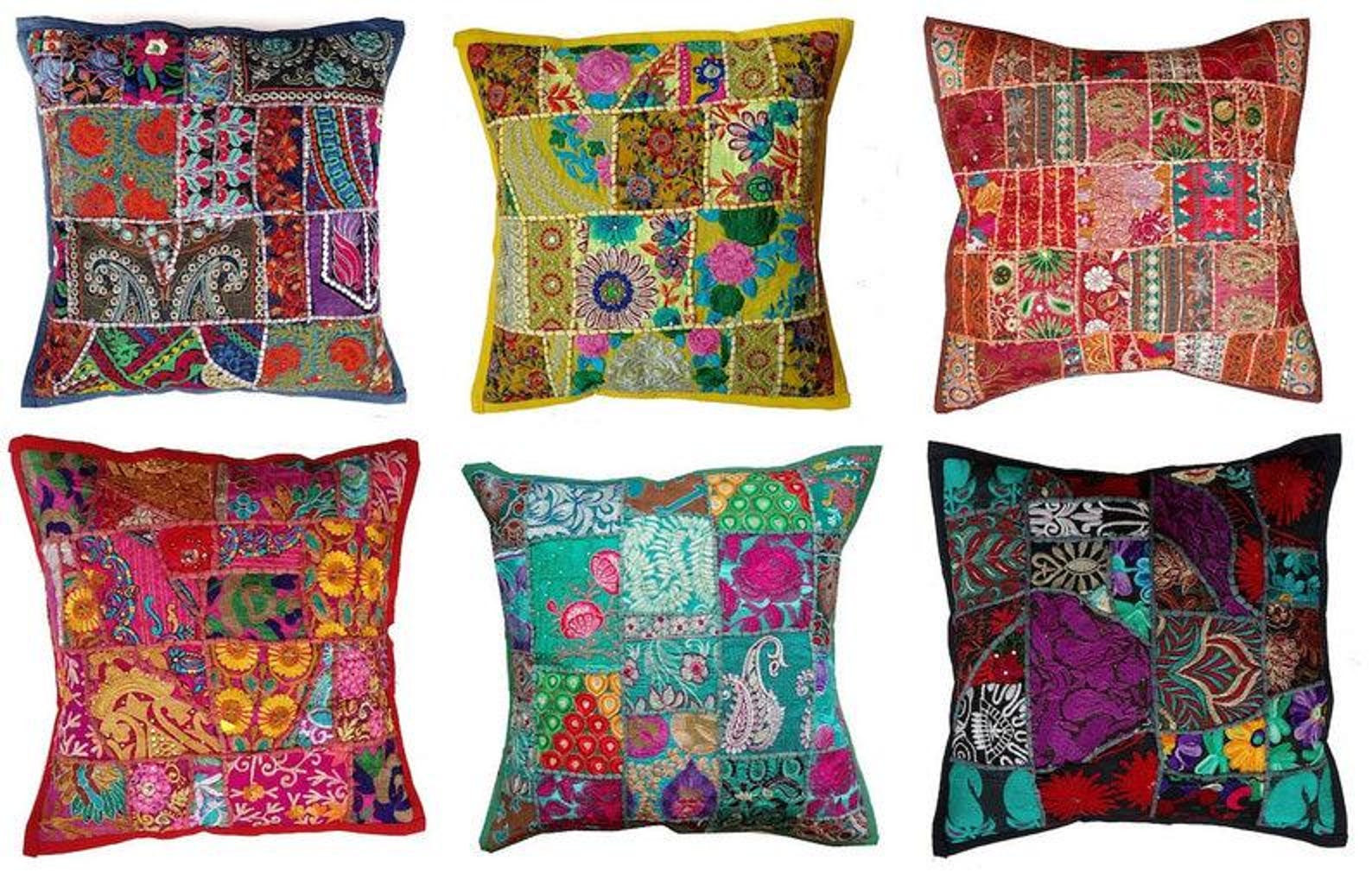 Handmade Patchwork Pillow Cover: Embroidered Indian Sari Throw, 16 Inch ...