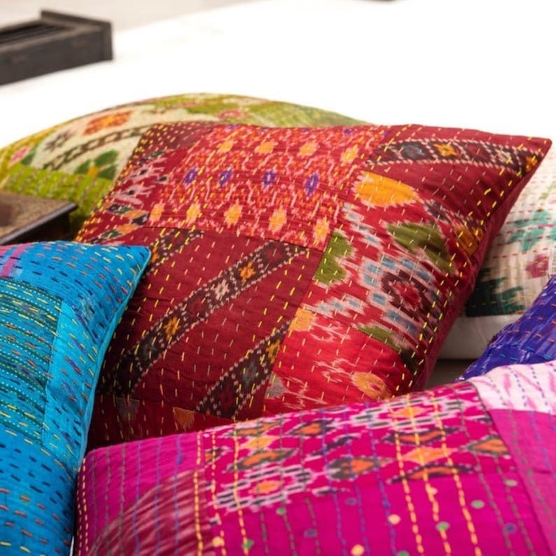 5 Pc Indian Decorative Pillows Kantha Cushion Cover 16x16 Pillow Cover Cushions Cover Handmade ...