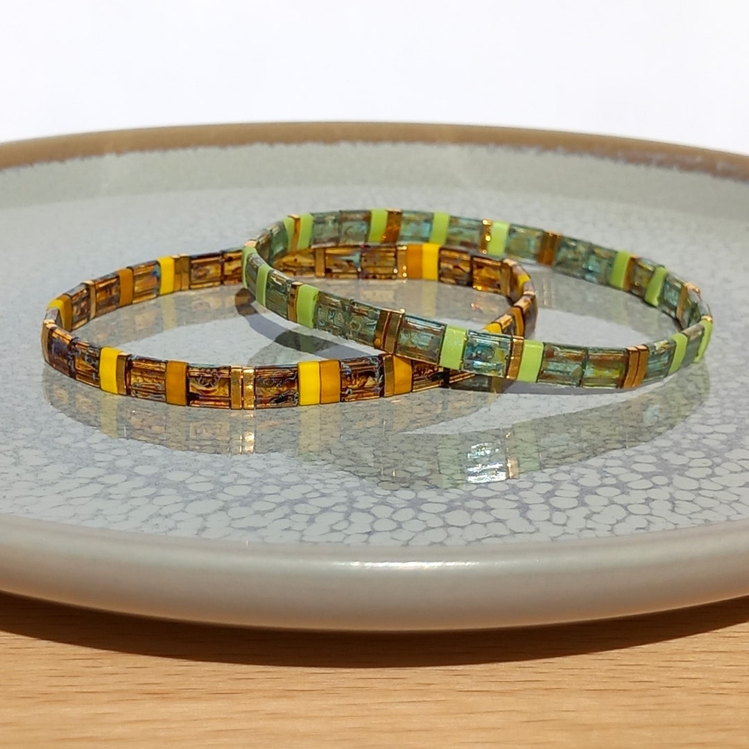 Glass Tile Stretch Bracelet in Chartreuse Green, Warm Yellow and Topaz ...