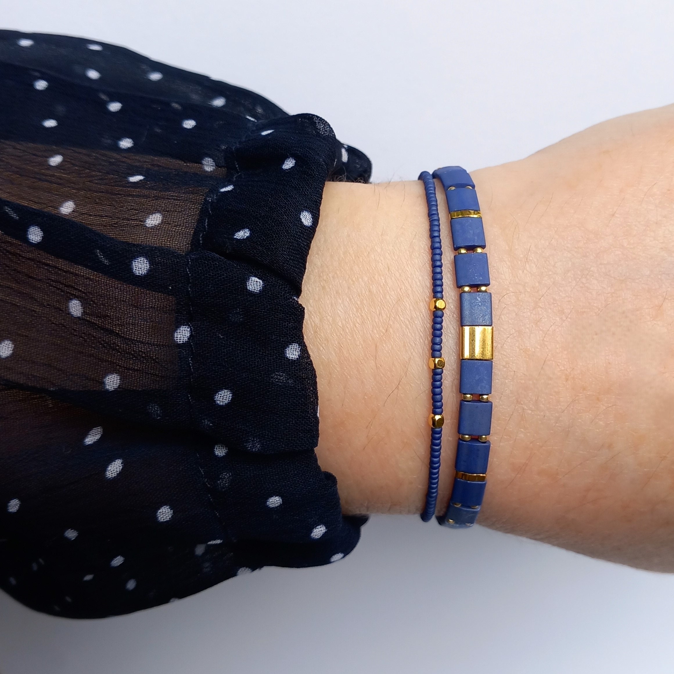 Glass Tile Stretch Bracelet With Dark Blue and Gold Plated Miyuki Tila ...