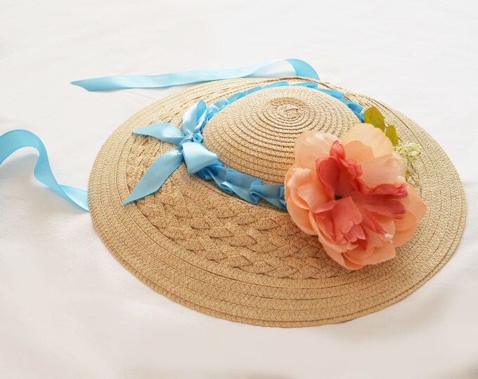 Straw Shepherdess Hat Blue Ribbon Decorated Halloween - Etsy