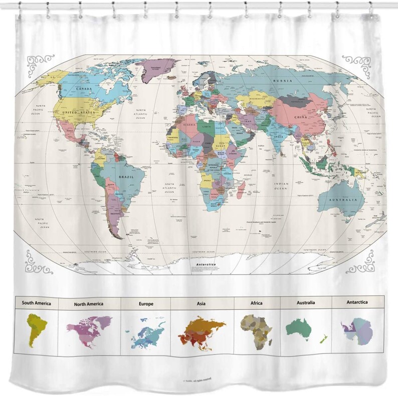 Map Shower Curtain Map of the World With Detailed Major Cities - Etsy