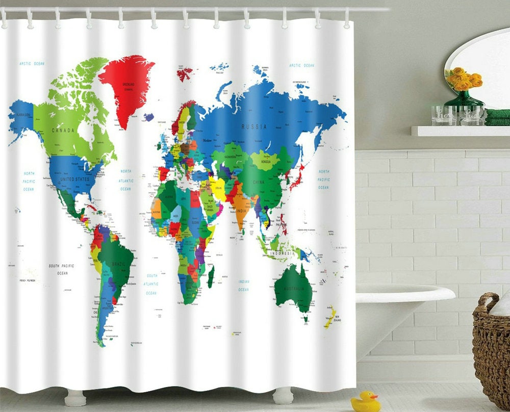 World Map Shower Curtain: Waterproof Ocean Map Fabric - Etsy